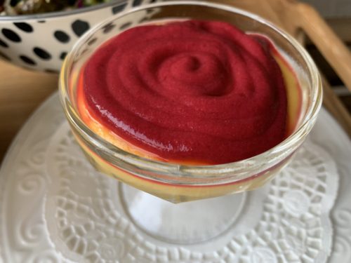 Mango Lime Pudding with Raspberry Sauce - Nutmeg Notebook